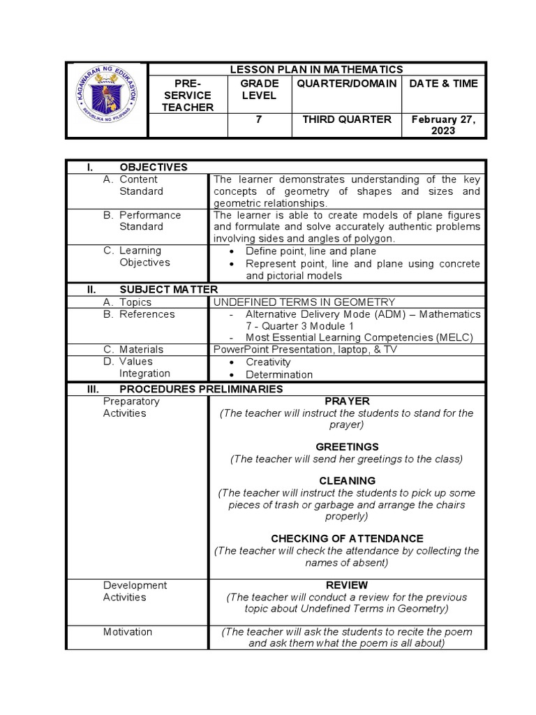 Lesson Plan Day 1 | Download Free PDF | Line (Geometry) | Geometry
