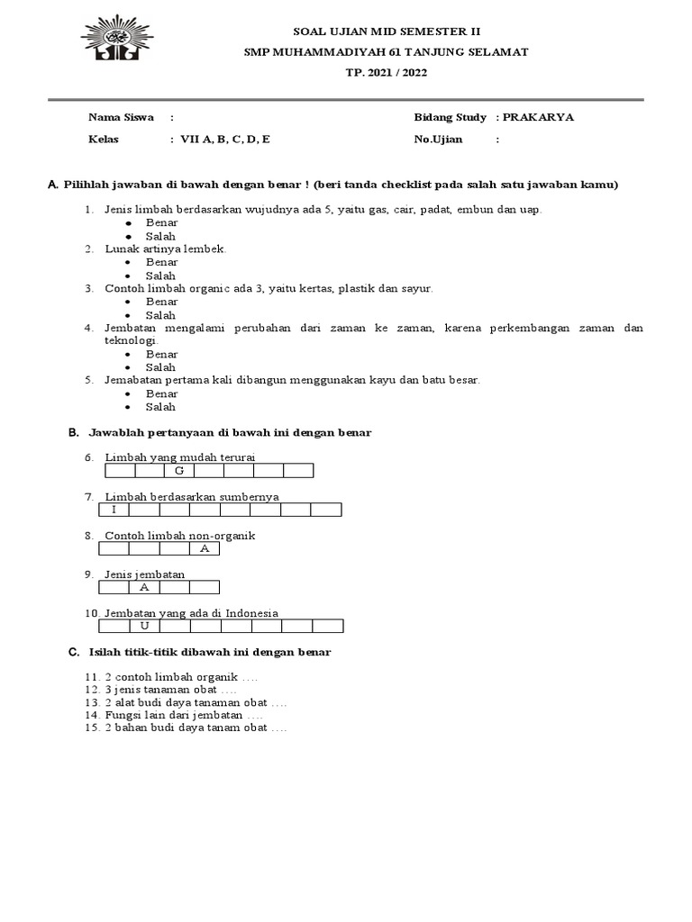 Soal Ujian Mid Semester Genap Prakarya Kelas 7 | PDF
