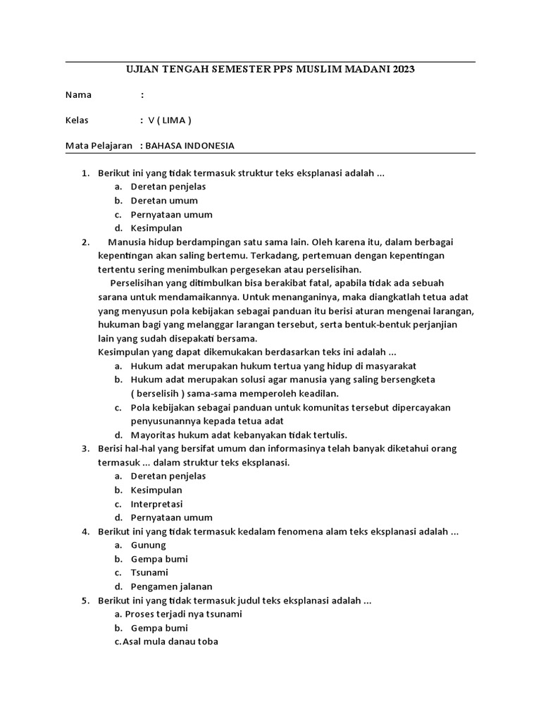 UJIAN TENGAH SEMESTER PPS MUSLIM MADANI 2023 Kelas 5 | PDF