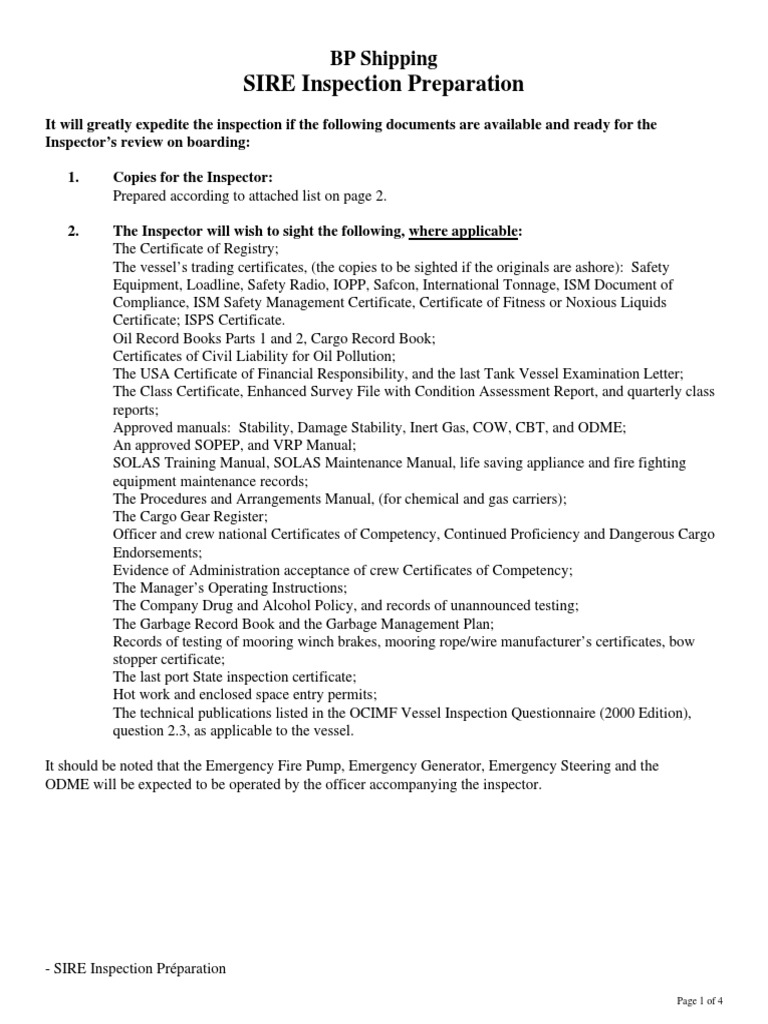 BP Shipping SIRE Inspection Preparation Document | PDF | Oil Tanker | Ships