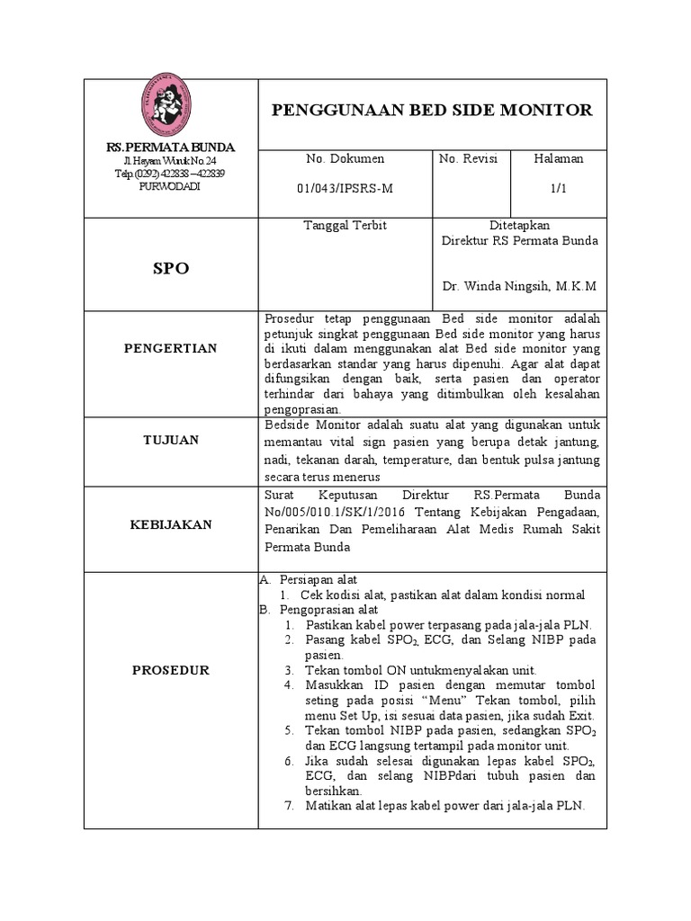 SOP Penggunaan Bedside Monitor | PDF | Sains & Matematika