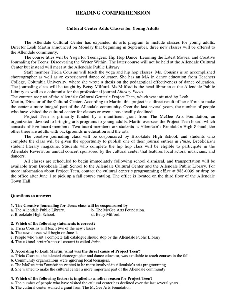 Sat Cultural Center Adds Classes For Young Adults Reading Comprehension ...