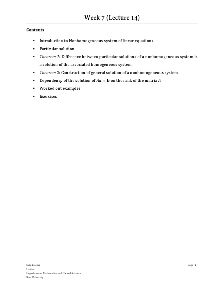 MAT216-Lecture 14 (Saba Fatema) | PDF | System Of Linear Equations ...