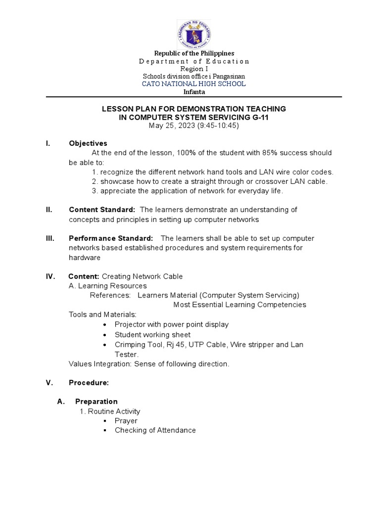 Demonstration Lesson Plan in CSS-11 Lan Cabling | PDF | Electrical ...