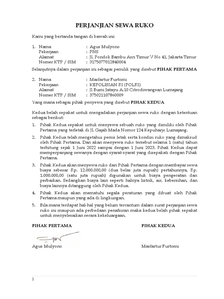 Perjanjian Sewa Ruko | PDF