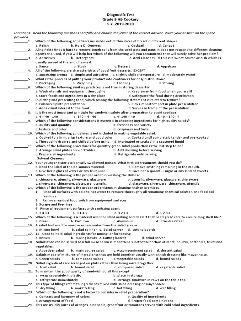 Diagnostic Test Grade 9 HE | PDF | Salad | Hors D'oeuvre