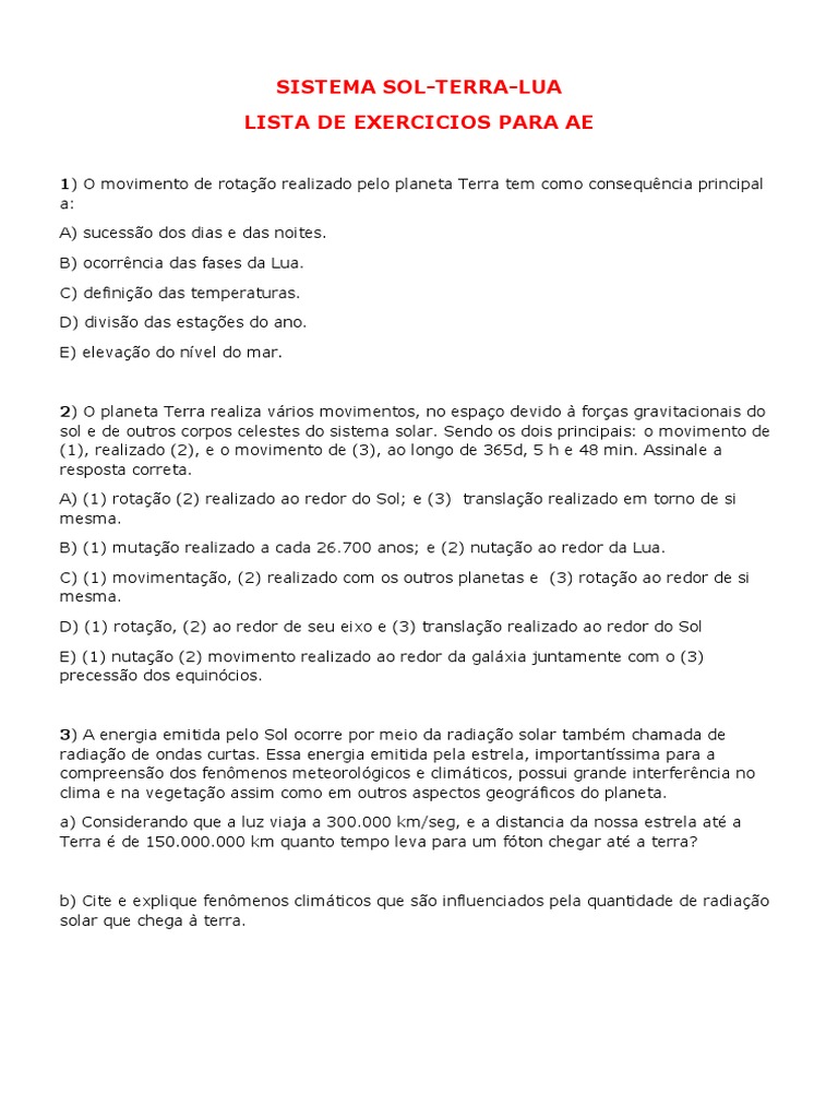 Sistema Sol-Terra-Lua Lista de Exercicios Revisão | PDF | Terra ...