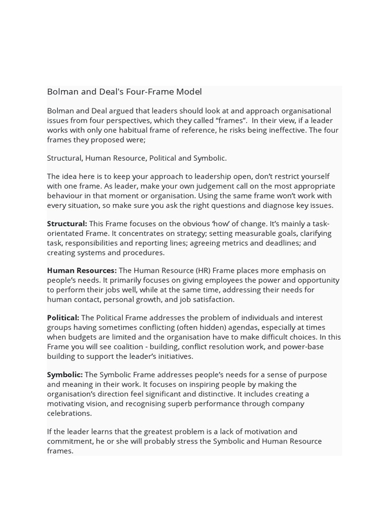 Bolman and Deal's Four Leadership Frames | PDF | Leadership | Human ...