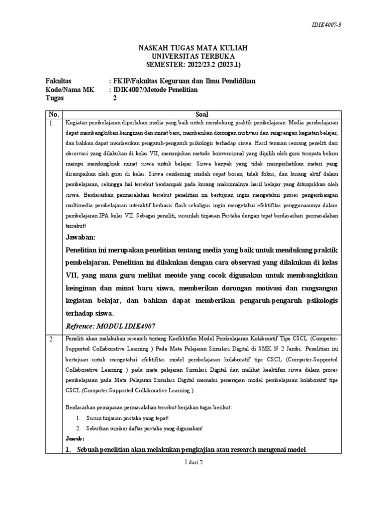 Soal - Idik4007 - tmk2 - 3 Metode Penelitian JWB | PDF