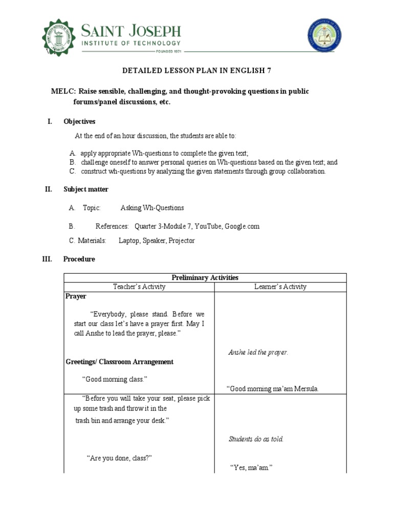 Wh-Questions Lesson Plan for Grade 7 | PDF | Question | Classroom