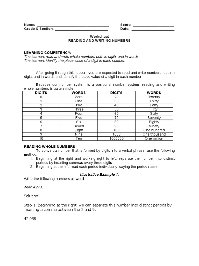 WEEK1 - Worksheet - Reading and Writing Numbers | PDF | Numbers | Learning