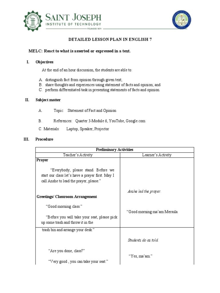 Detailed Lesson Plan in English 7 | PDF