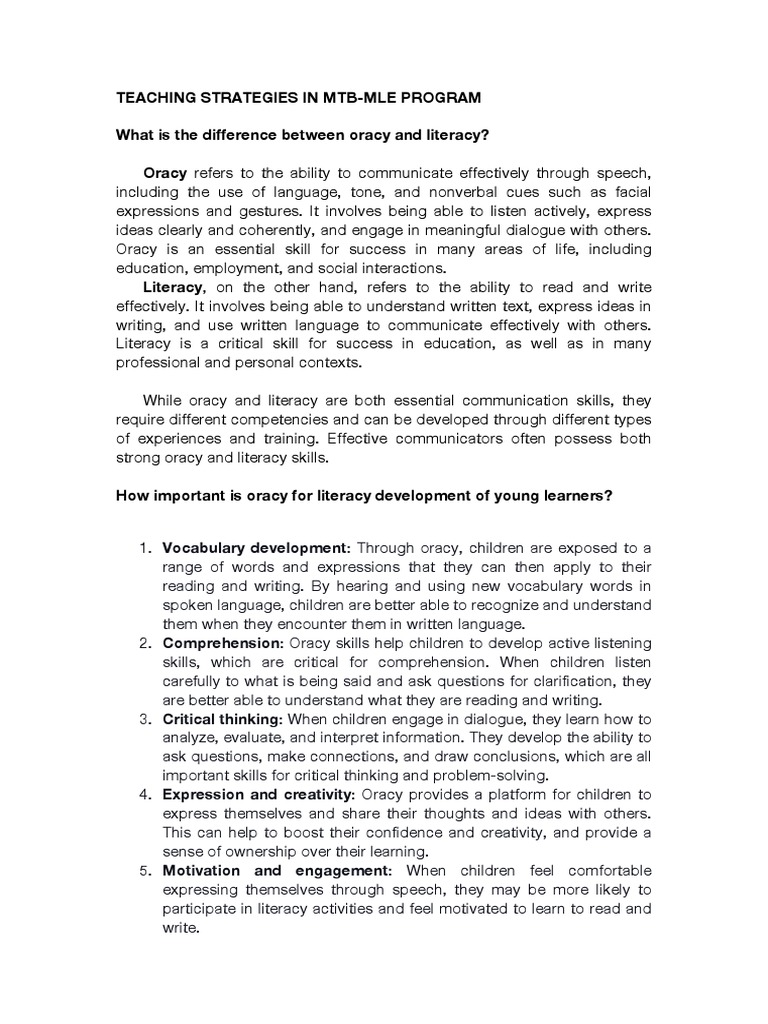 MTB-MLE Teaching Strategies Overview | PDF | Fluency | Reading ...