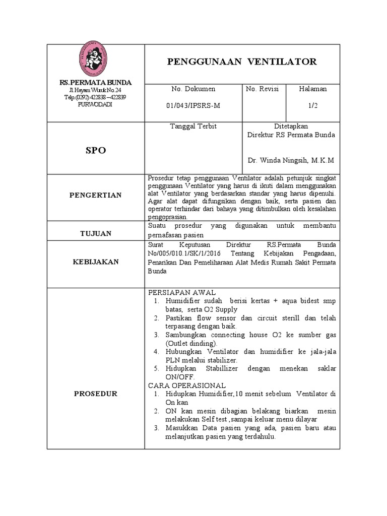 Prosedur Penggunaan Ventilator RS Permata Bunda | PDF | Kesehatan Holistik