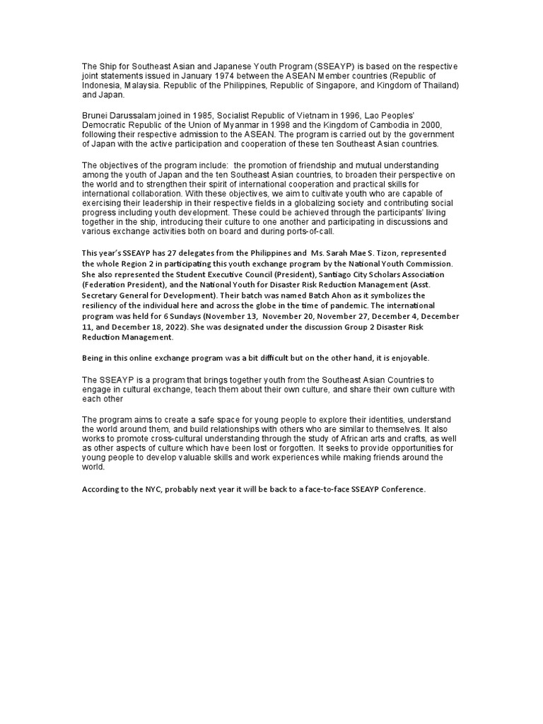 SSEAYP Youth Exchange Program Overview | PDF