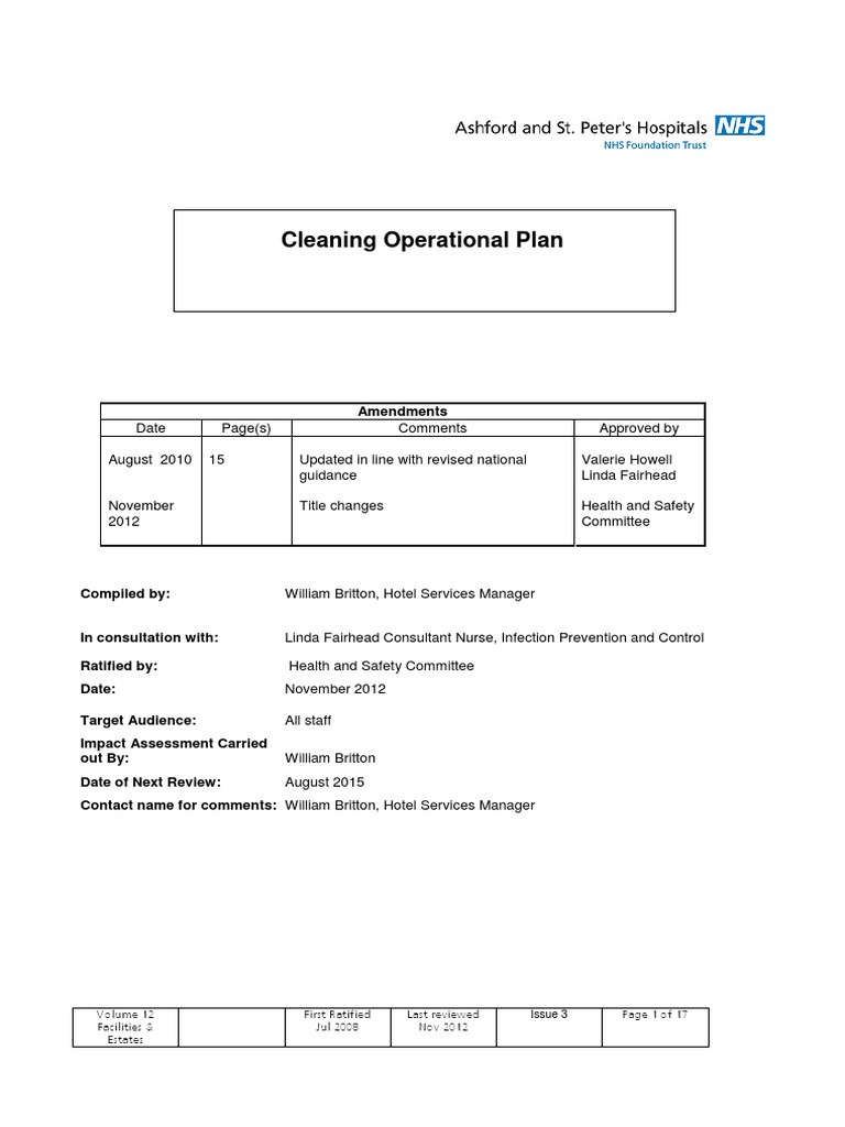 Cleaning Operational Plan | PDF | Audit | National Health Service