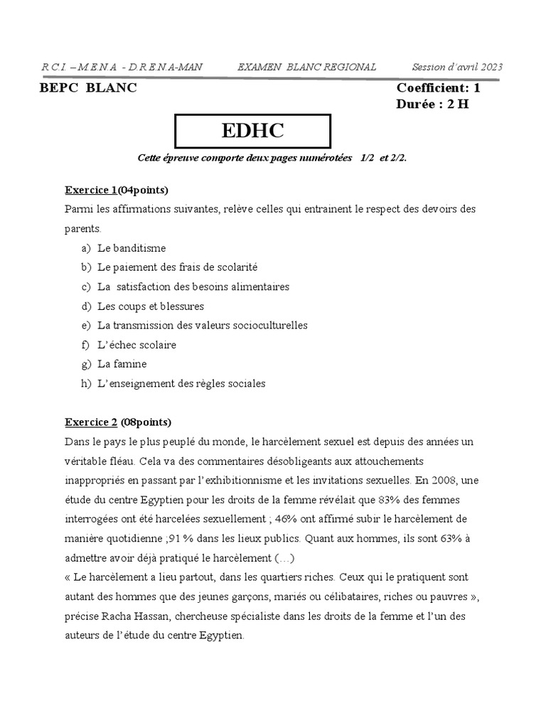 Bepc Blanc 2023. Man (Edhc) | PDF | Harcèlement sexuel