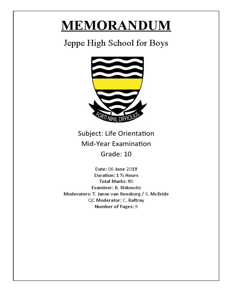 Grade 10 LO Exam MEMO Term 2 - 2018 Final | PDF