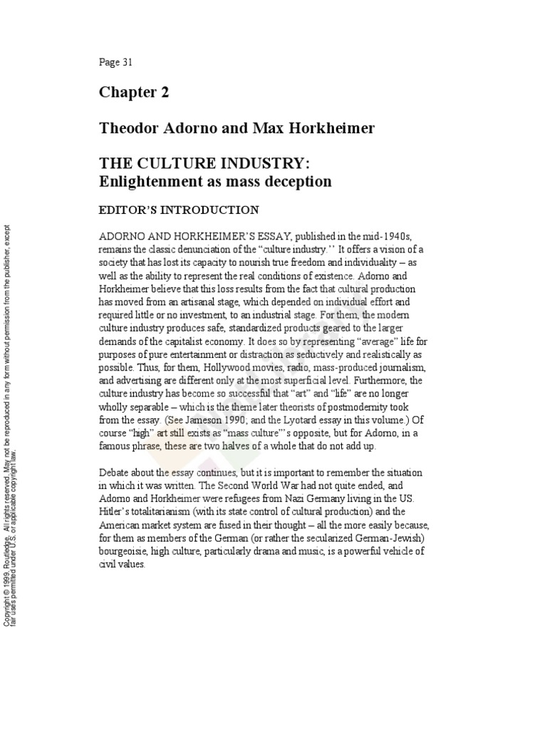 Adorno-horkheimer Culture Industry | Theodor W. Adorno | Philosophical ...