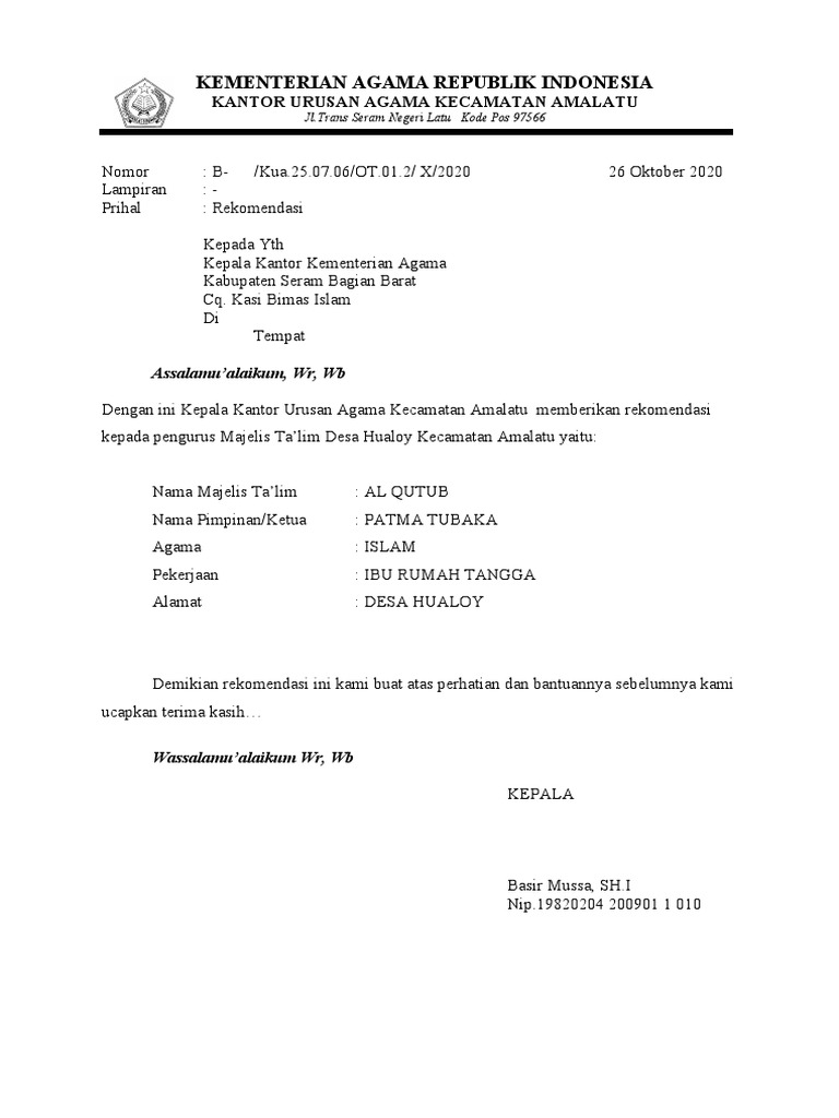 SURAT Rekomendasi Majelis Taklim | PDF