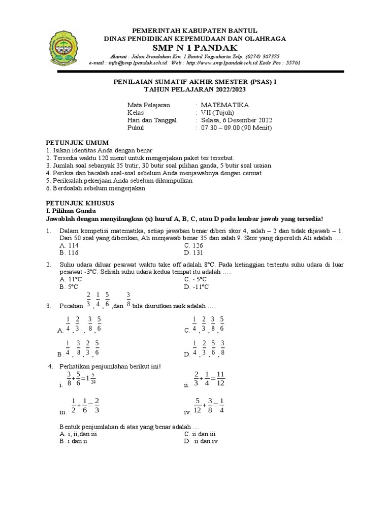 Soal PAS 22 Kelas 7 | PDF