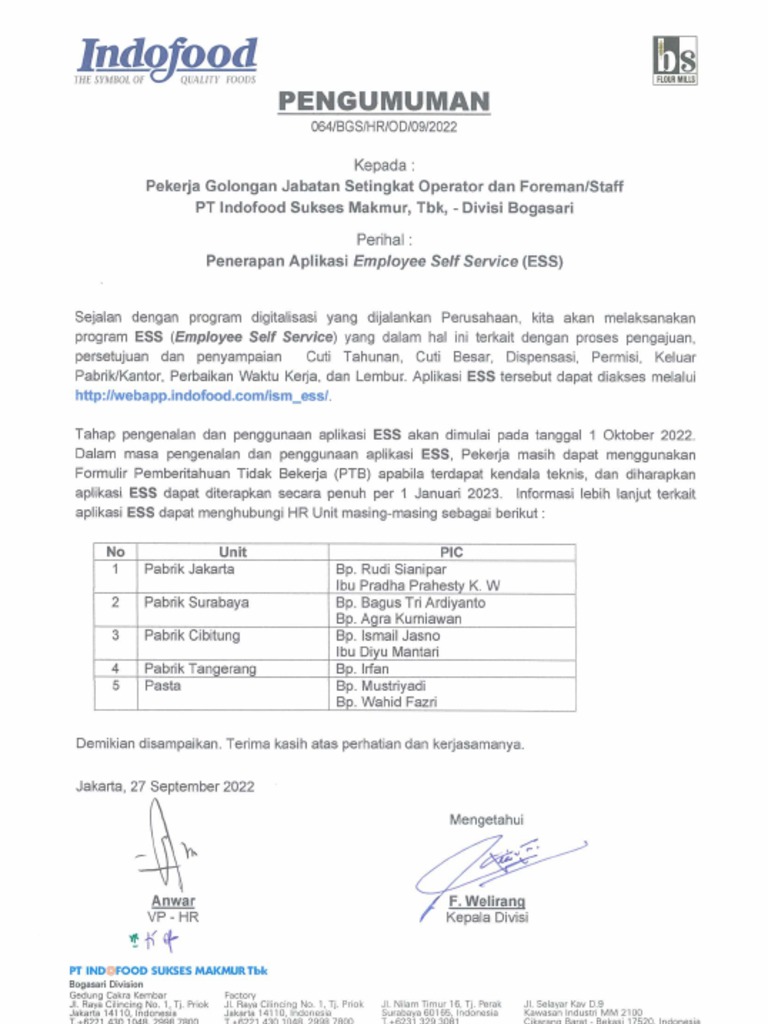 Pengumuman Employee Self Service (ESS) | PDF
