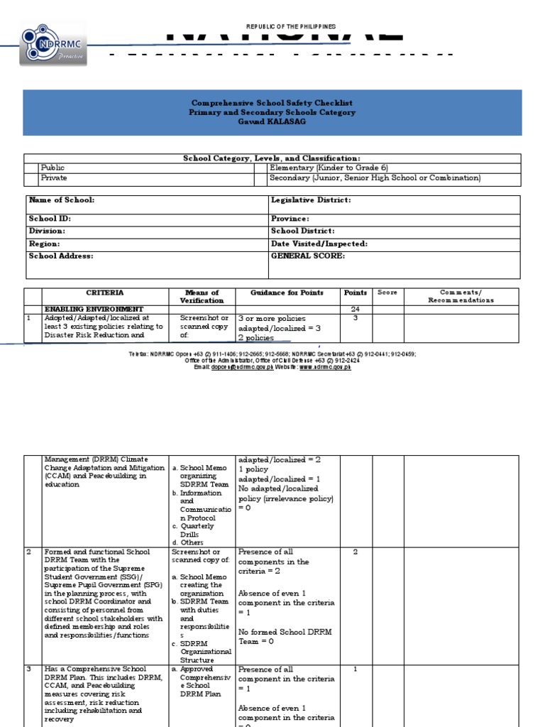 Comprehensive School Safety Checklist | PDF | Emergency Management ...