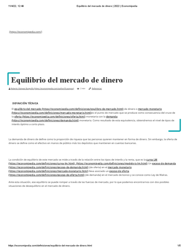 Equilibrio Del Mercado de Dinero - 2022 - Economipedia 16 PDF | PDF ...
