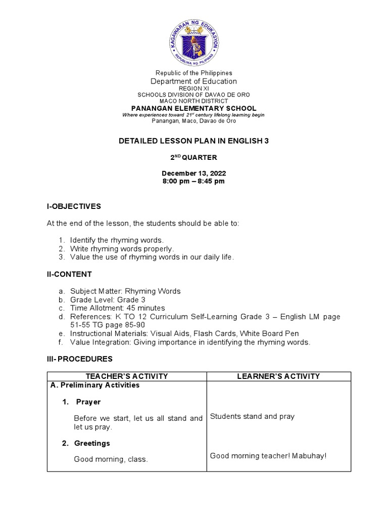 Grade 3 Rhyming Words Lesson Plan | PDF | Lesson Plan | Teachers