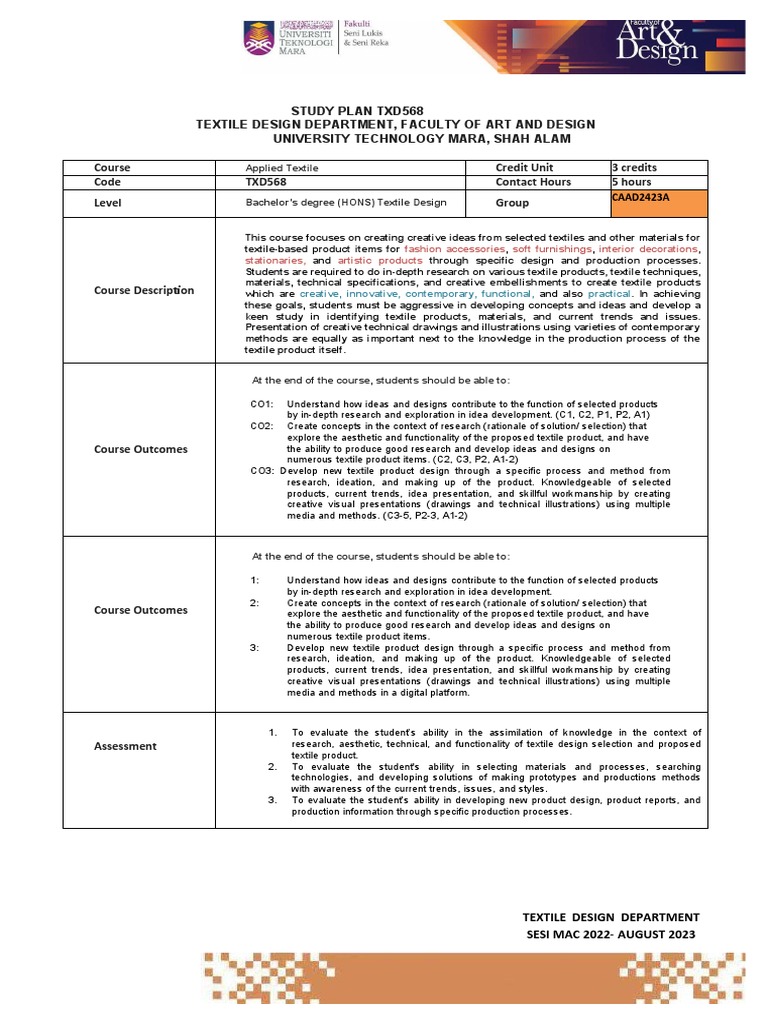Study Plan TXD568 3a | PDF | Design | Textiles