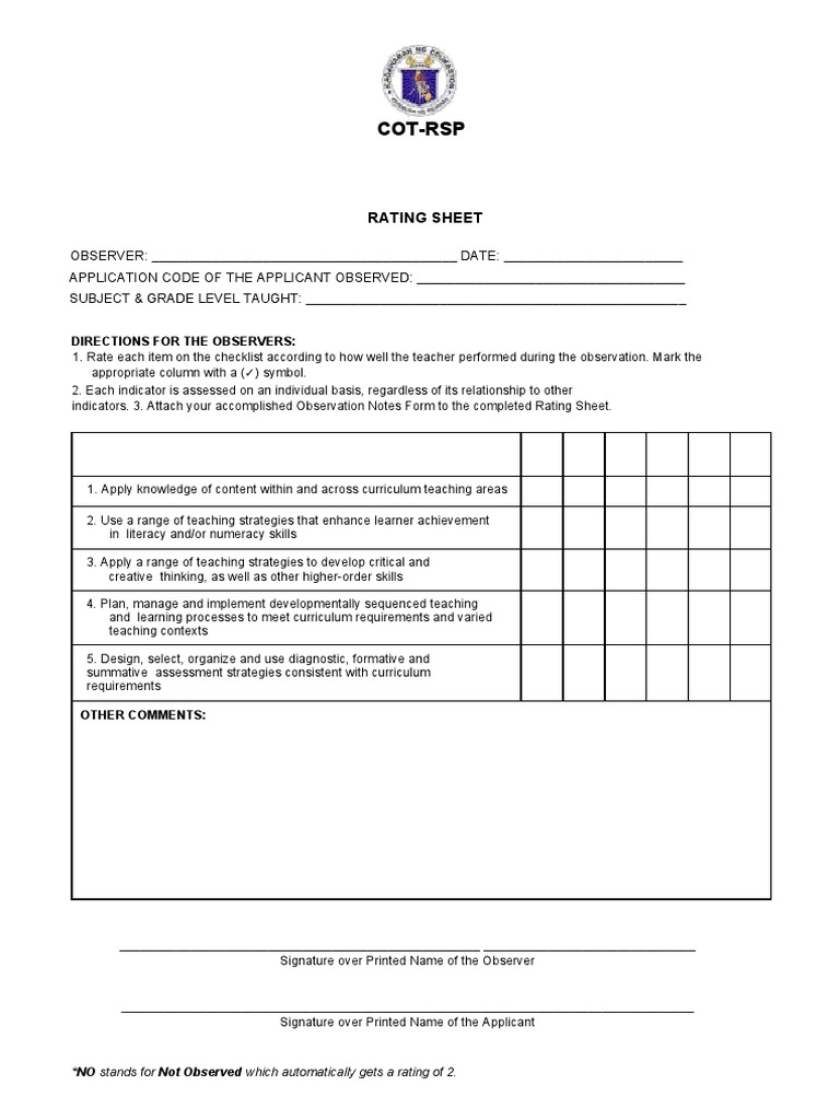 Annex L - COT RSP Rating Sheet | PDF