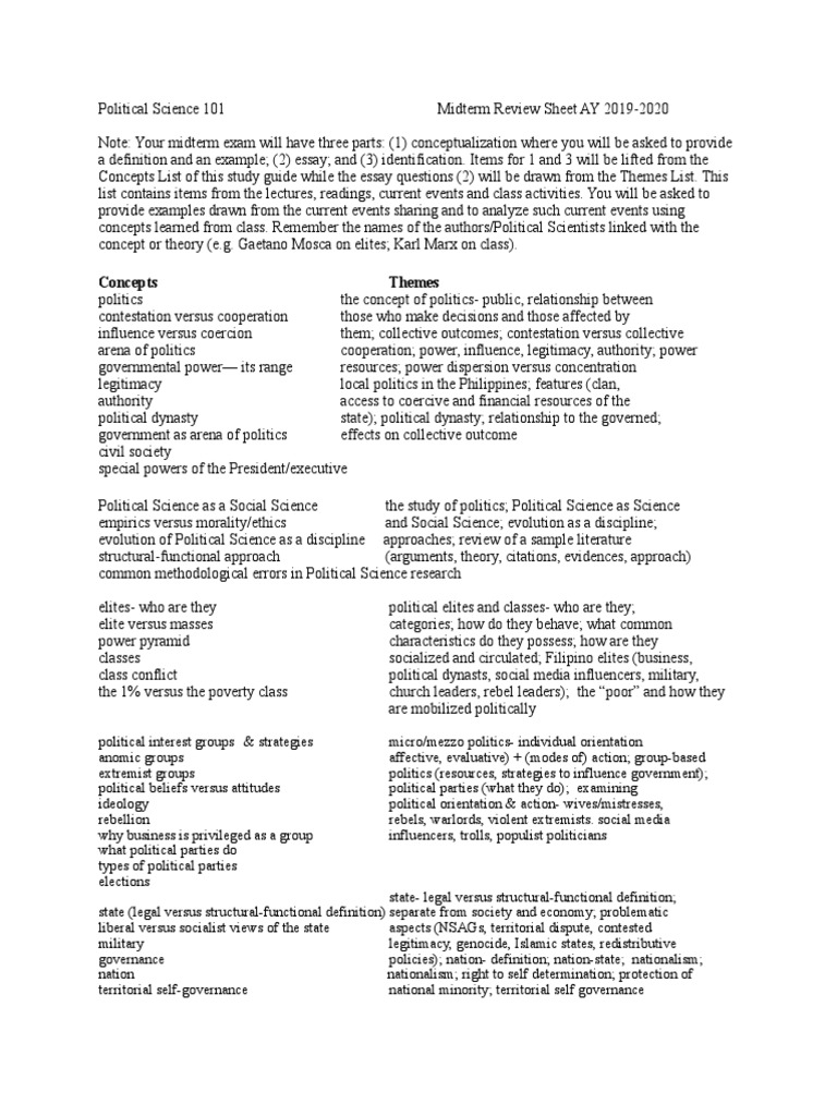 Pol Sci 101 Midterm Review Sheet FS 2019-2020 | PDF | Power (Social And Political) | Science