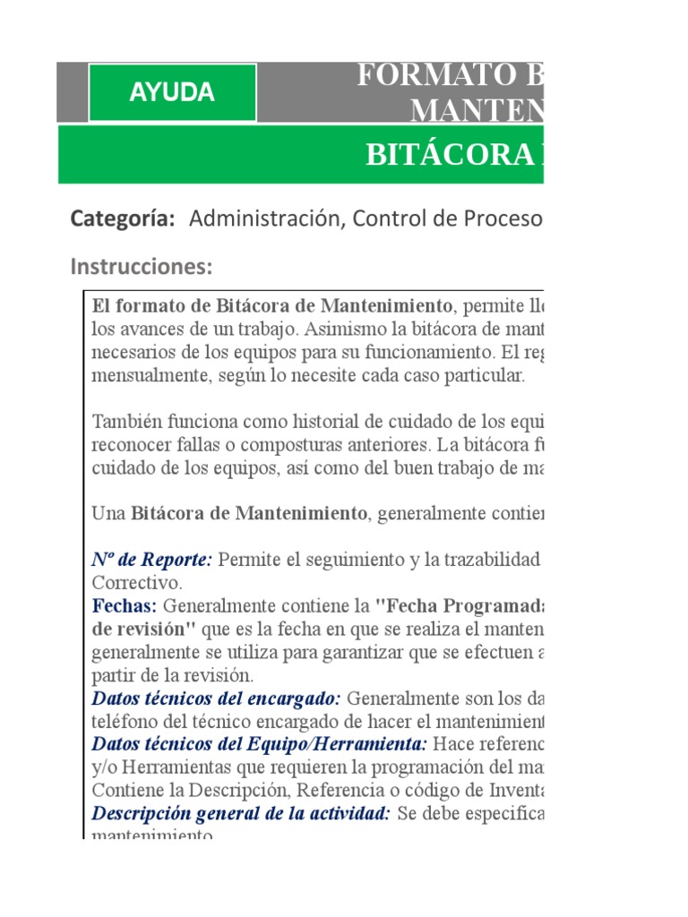 Formato de Bitácora de Mantenimiento Excel | PDF | Microsoft Excel ...