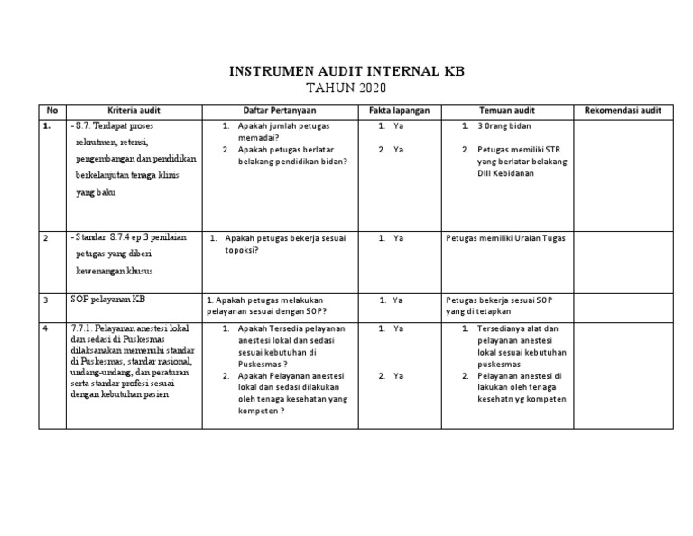 Audit Internal Pelayanan KB 2020 | PDF