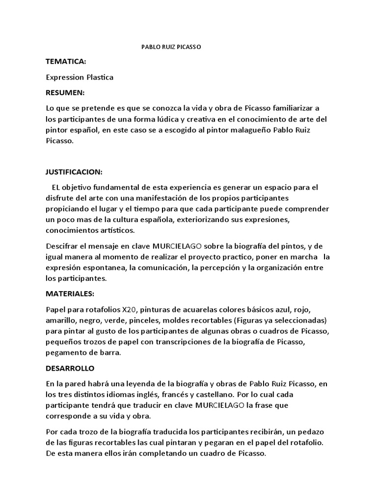 Pablo PIcasso Actividad | PDF