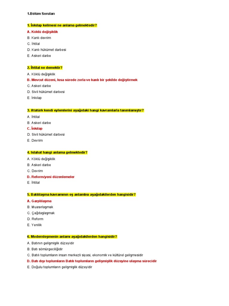 Atatürk İlke Ve İnk - Soru Cevap | PDF