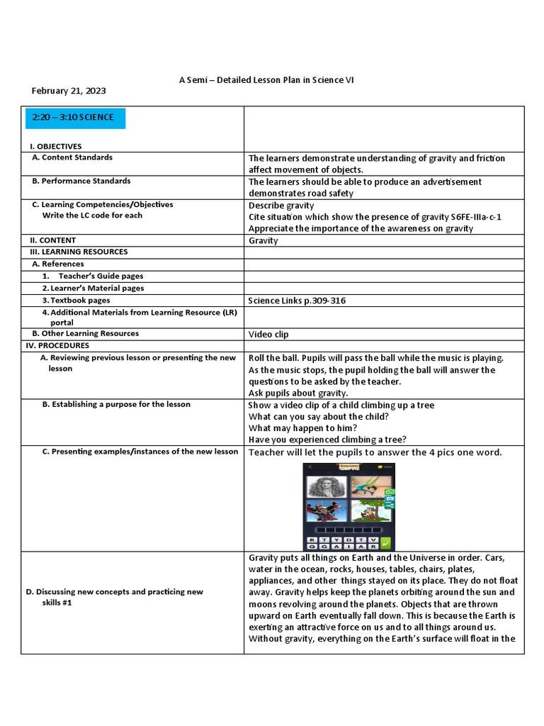 Science Lesson Plan | PDF | Gravity | Force