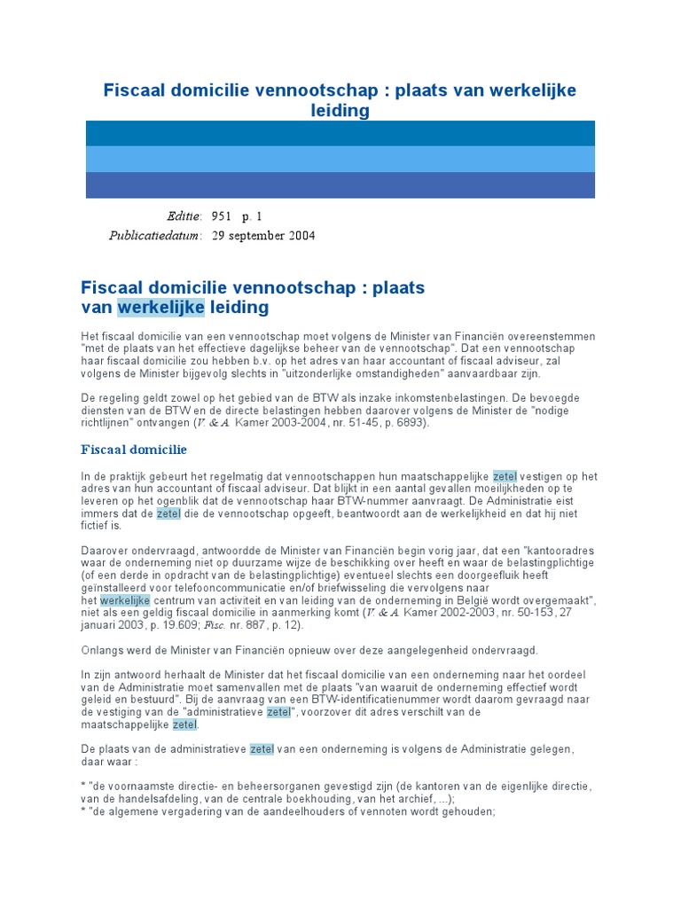 Fiscaal Domicilie Vennootschap | PDF