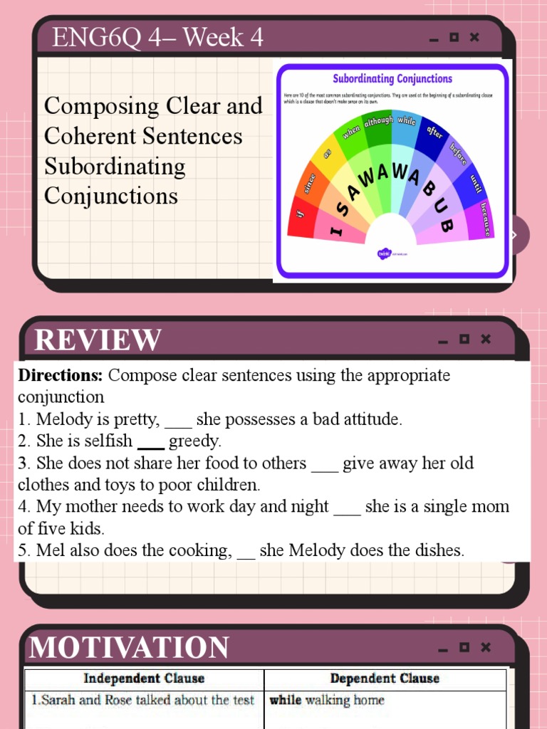 ENG6 - Q4 - WK4 - 2composing Clear and Coherent Sentences Using Subordinating Conjunctions | PDF