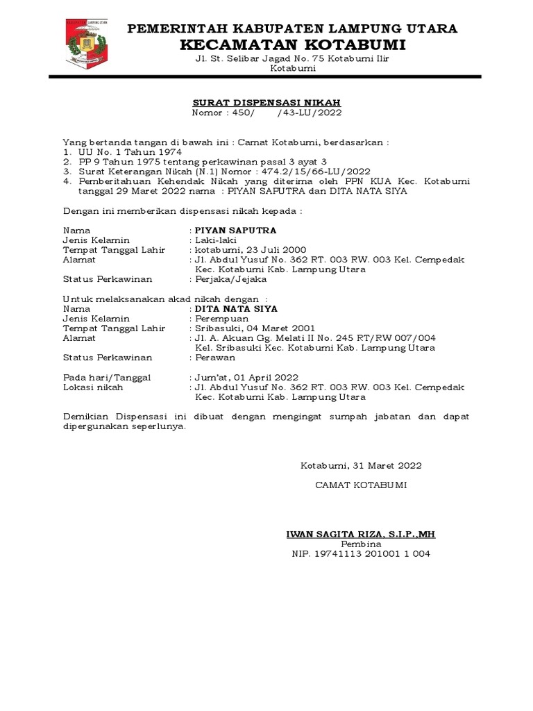Form Surat Dispensasi Nikah Kecamatan | PDF