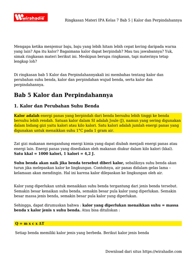 Ringkasan Materi IPA Kelas 7 Bab 5 - Kalor Dan Perpindahannya | PDF