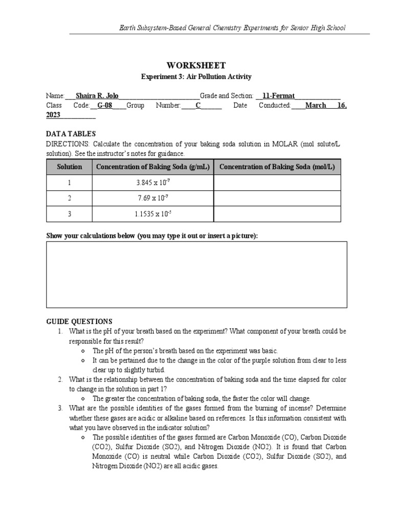 Worksheet 3 Air Pollution Activity | PDF | Atmosphere Of Earth | Carbon ...
