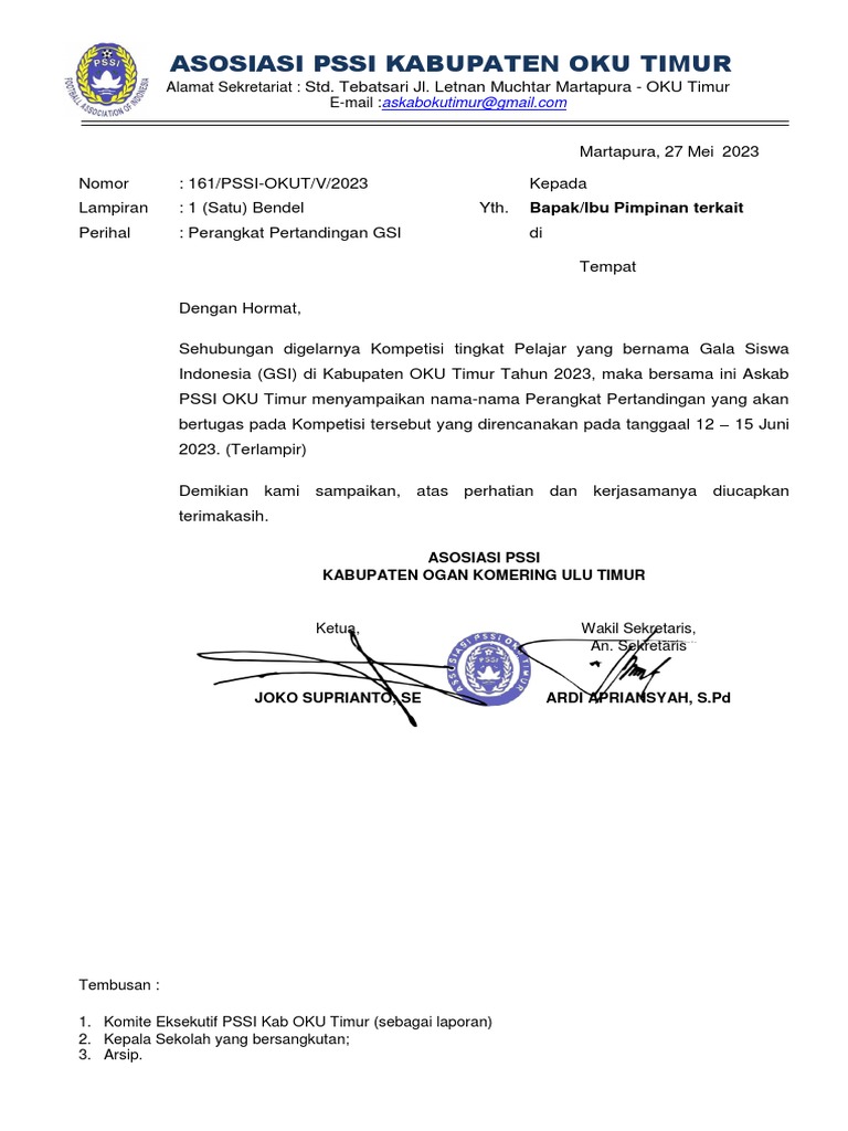 Surat Tugas Wasit Pssi Gsi 2023 | PDF