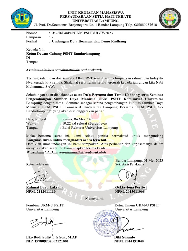 Undangan Doa Bersama & Seminar PSHT Unila | PDF