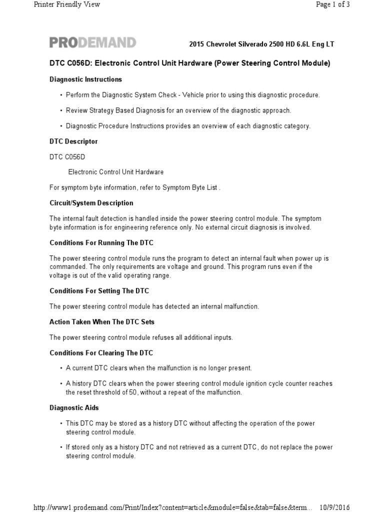 DTC C056D: Electronic Control Unit Hardware (Power Steering Control ...