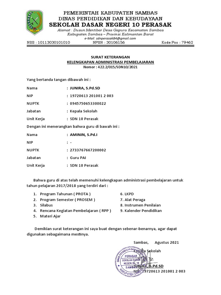 2021 Surat Keterangan Kelengkapan Administrasi Pembelajaran | PDF