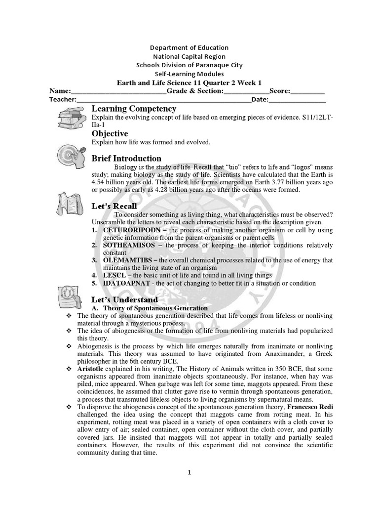 SCIENCE11-ELS Q2 Module1 W1-6pages | PDF | Cyanobacteria | Life