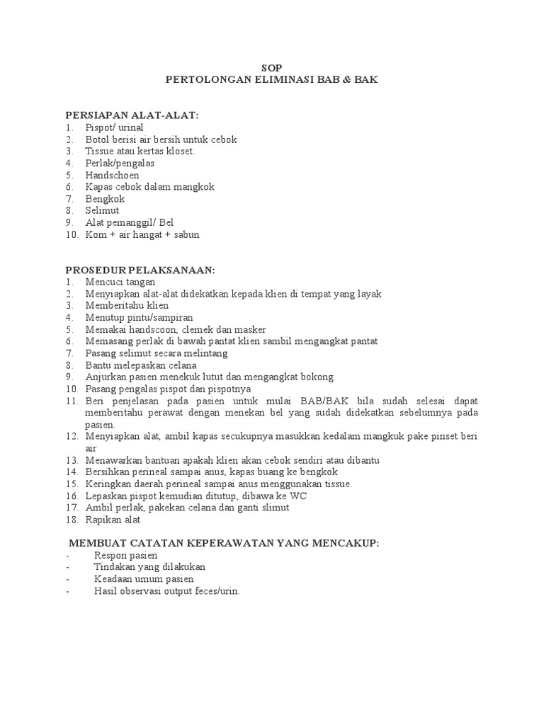 SOP Pertolongan Eliminasi BAB BAK | PDF | Kesehatan Holistik