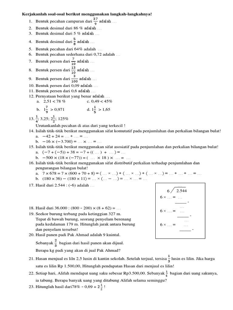 Soal Latihan Pra PTS MTK Kelas 6 '22-23 | PDF