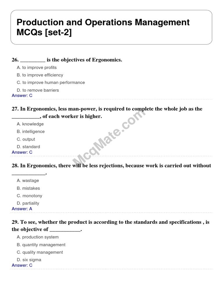 Production and Operations Management Solved MCQs (Set-2) | PDF | Six ...